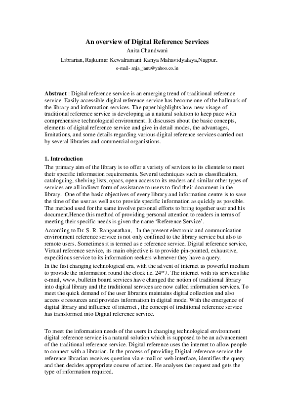 (PDF) An overview of Digital Reference Services