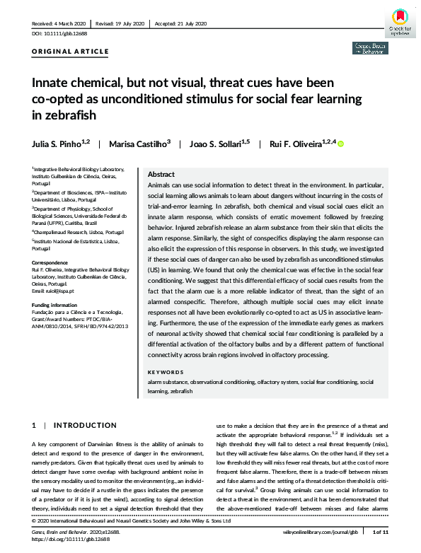 (PDF) Innate chemical, but not visual, threat cues have been co‐opted ...