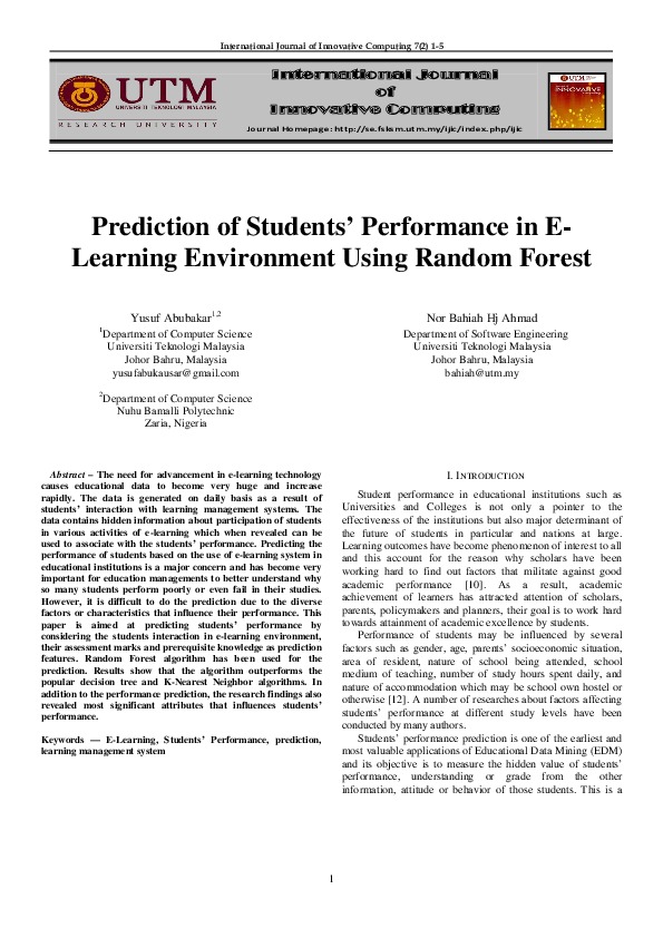 (PDF) Prediction of Students’ Performance in E-Learning Environment ...