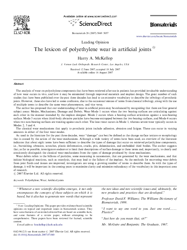 (PDF) The lexicon of polyethylene wear in artificial joints