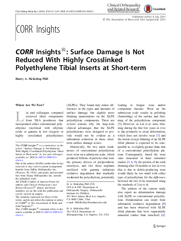 (PDF) CORR Insights®: Surface Damage Is Not Reduced With Highly ...