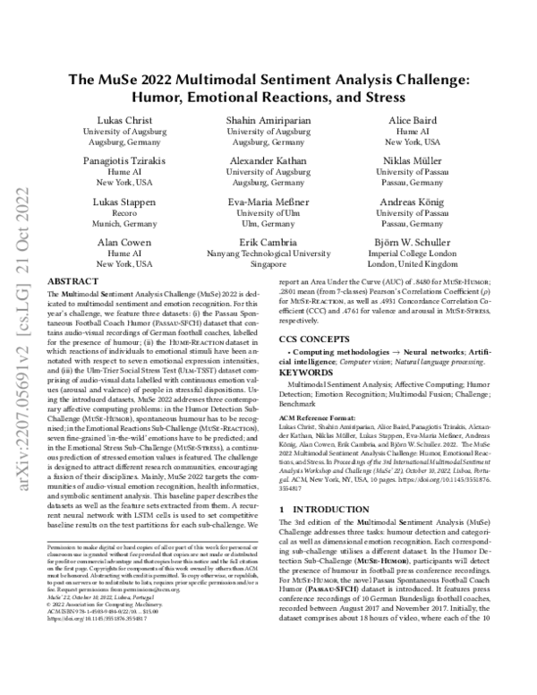 (PDF) The MuSe 2022 Multimodal Sentiment Analysis Challenge: Humor ...