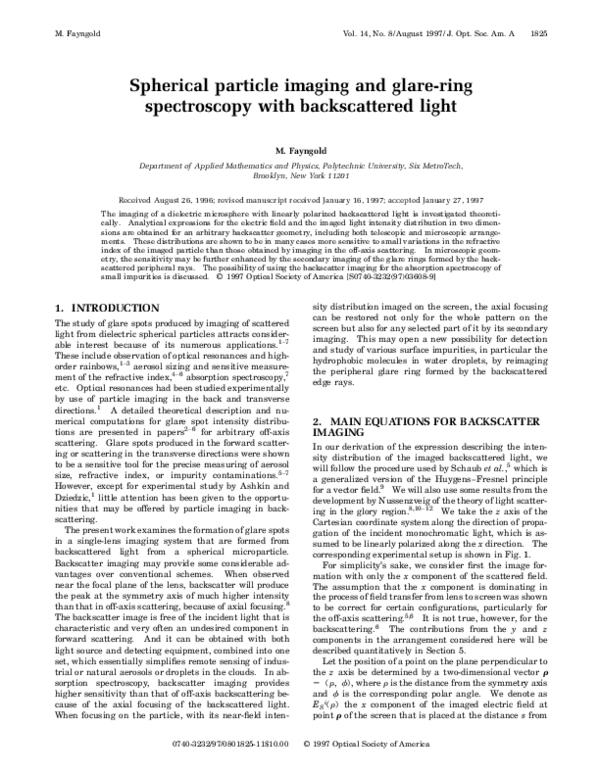 (PDF) Spherical particle imaging and glare-ring spectroscopy with backscattered light | Moses ...