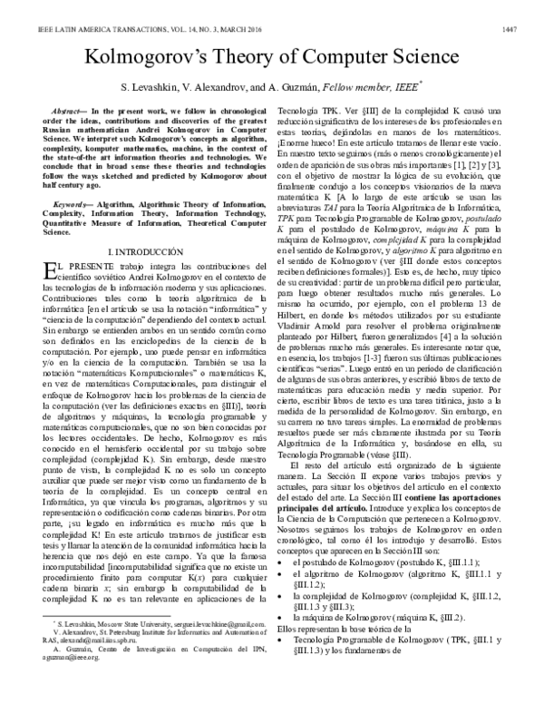 (PDF) Kolmogorov's Theory of Computer Science