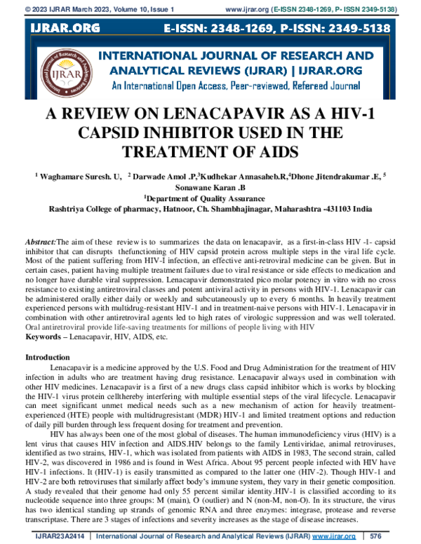 (PDF) A REVIEW ON LENACAPAVIR AS A HIV-1 CAPSID INHIBITOR USED IN THE TREATMENT OF AIDS