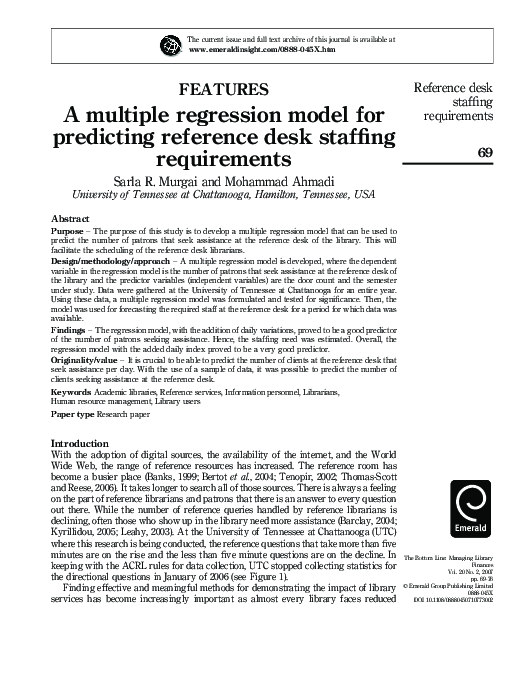 Pdf A Multiple Regression Model For Predicting Reference Desk Staffing Requirements Mohammad