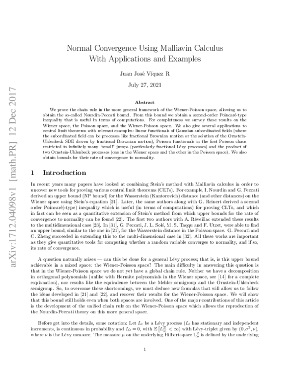 (PDF) Normal convergence using Malliavin calculus with applications and ...