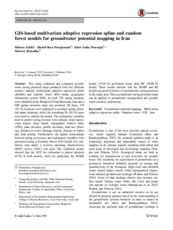 (PDF) GIS-based multivariate adaptive regression spline and random forest models for groundwater ...