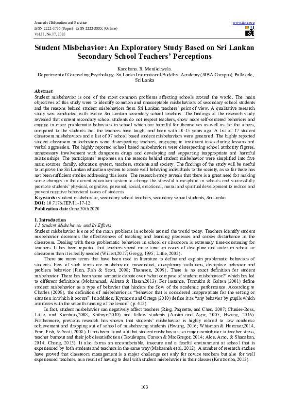 (PDF) Student Misbehavior: An Exploratory Study Based on Sri Lankan Secondary School Teachers ...