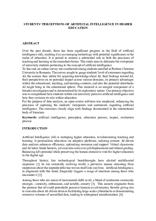 (PDF) STUDENTS' PERCEPTIONS OF ARTIFICIAL INTELLIGENCE IN HIGHER EDUCATION