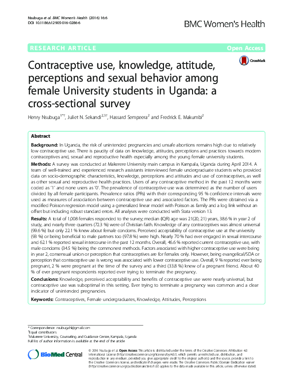 (PDF) Contraceptive use, knowledge, attitude, perceptions and sexual behavior among female ...