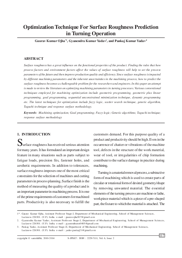 (PDF) Optimization Technique For Surface Roughness Prediction in ...