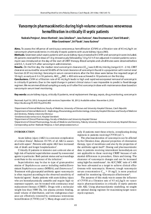 (PDF) Vancomycin pharmacokinetics during high-volume continuous ...