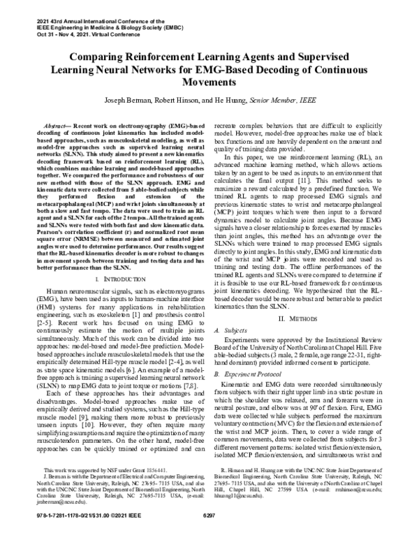 Pdf Comparing Reinforcement Learning Agents And Supervised Learning Neural Networks For Emg