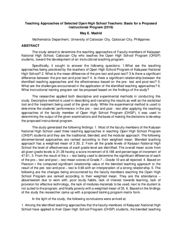 (PDF) Teaching Approaches of Selected Open High School Teachers: Basis ...