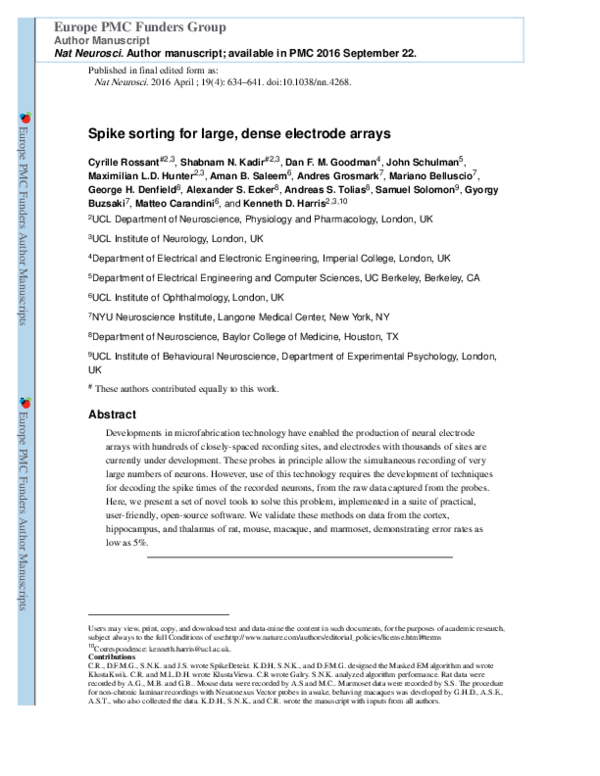 (PDF) Spike sorting for large, dense electrode arrays