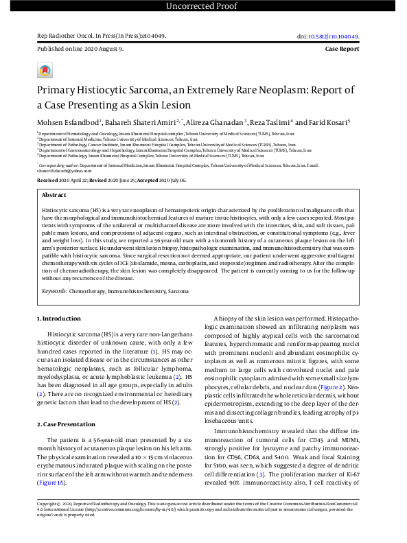 (PDF) Primary Histiocytic Sarcoma, an Extremely Rare Neoplasm: Report ...