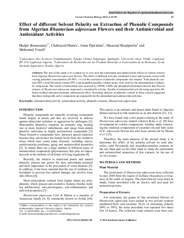 (PDF) Effect of different Solvent Polarity on Extraction of Phenolic Compounds from Algerian ...