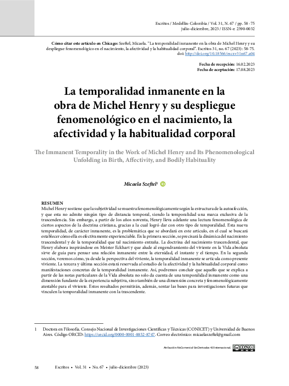 (PDF) La temporalidad inmanente en la obra de Michel Henry y su ...