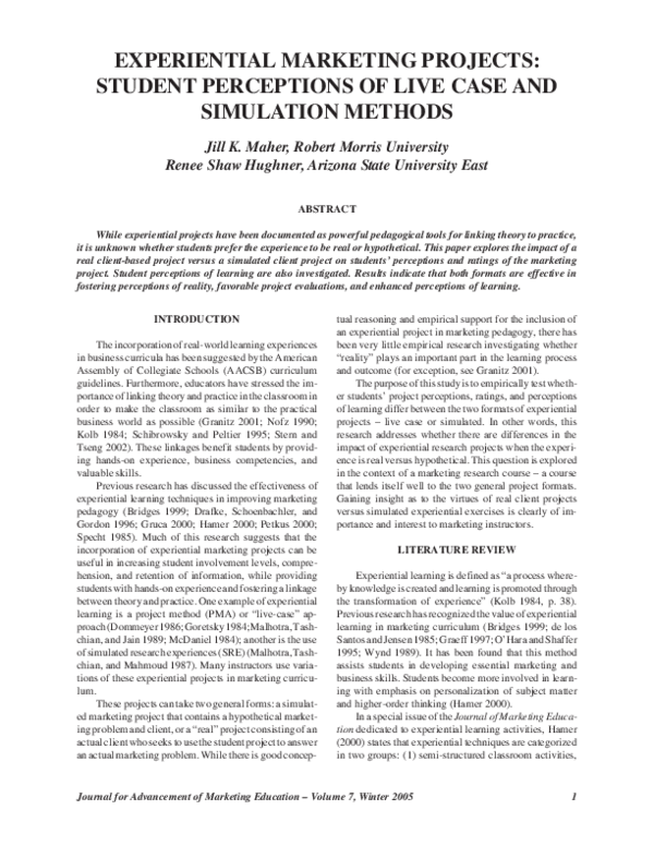 (PDF) Experiential Marketing Projects: Student Perceptions of Live Case and Simulation Methods
