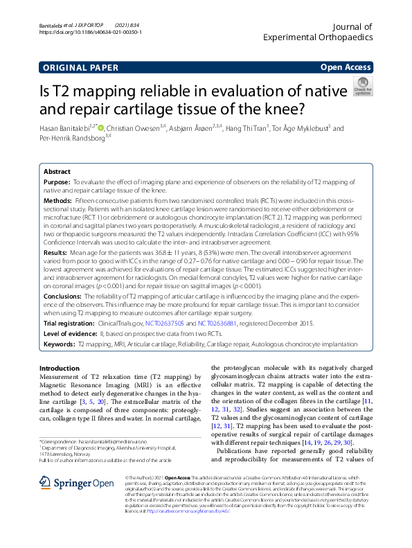 (PDF) Is T2 mapping reliable in evaluation of native and repair ...