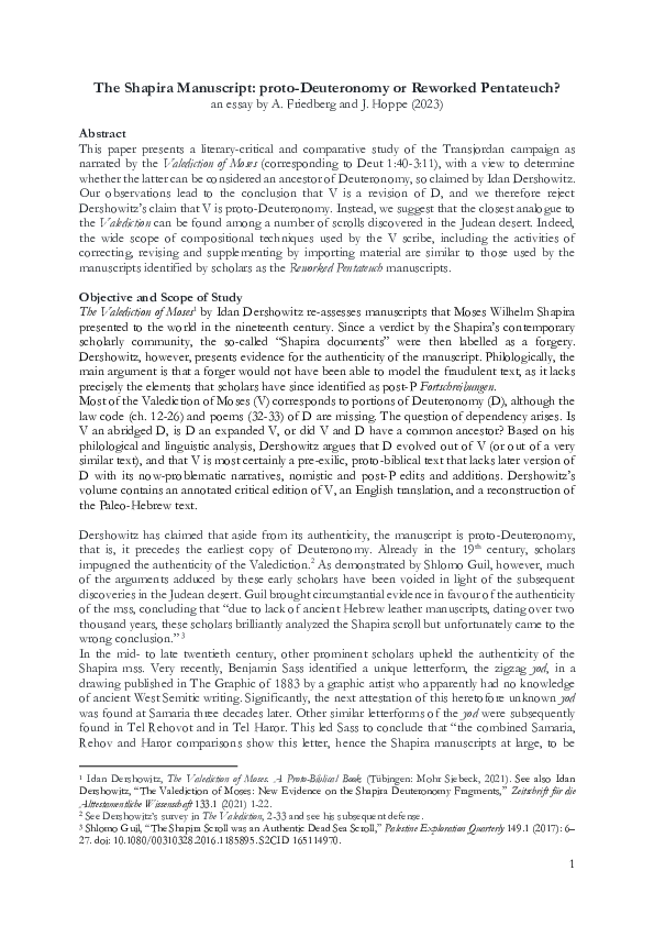 (PDF) The Shapira Manuscript: proto-Deuteronomy or Reworked Pentateuch?