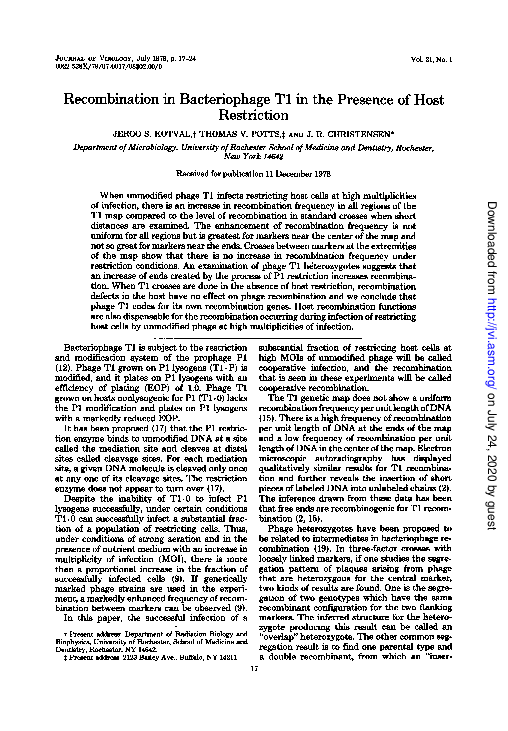 (PDF) Recombination in bacteriophage T1 in the presence of host restriction