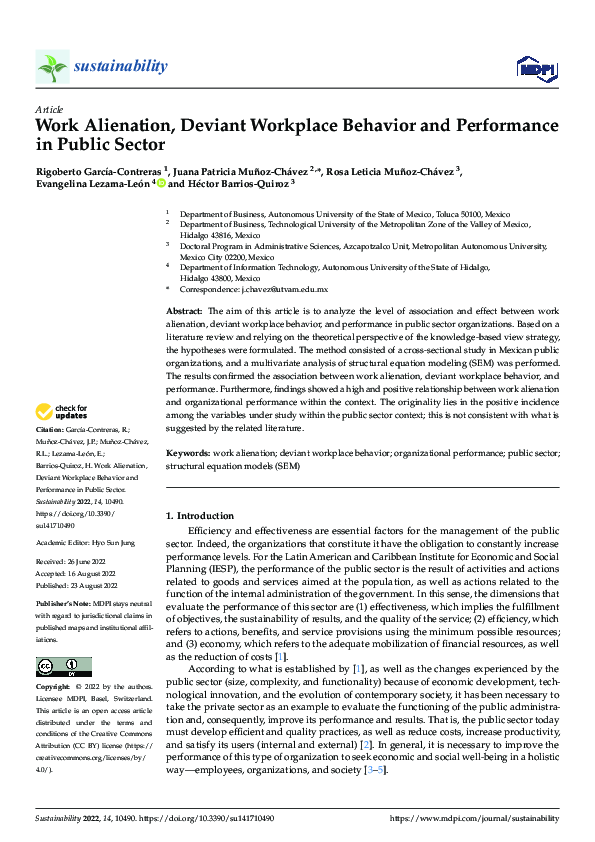 (PDF) Work Alienation, Deviant Workplace Behavior and Performance in Public Sector