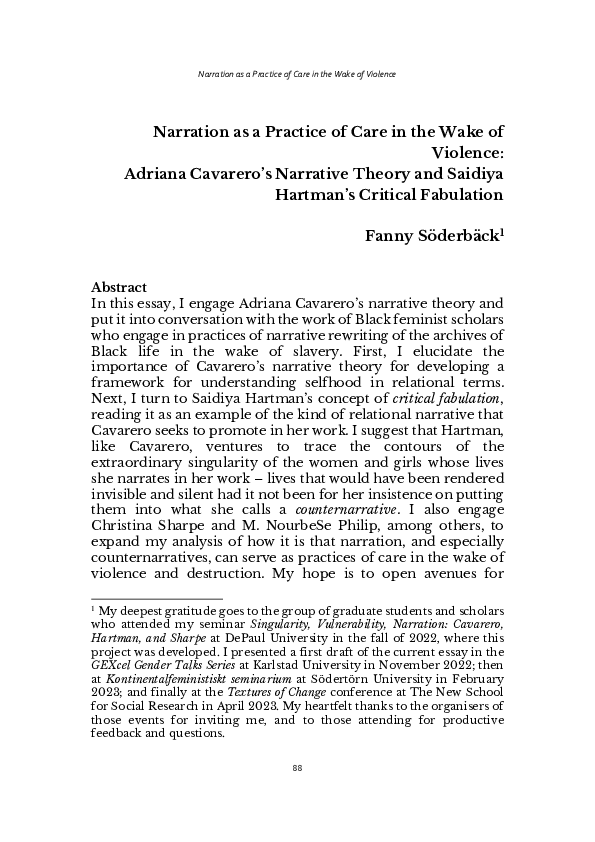 (PDF) Narration as a Practice of Care in the Wake of Violence: Adriana ...