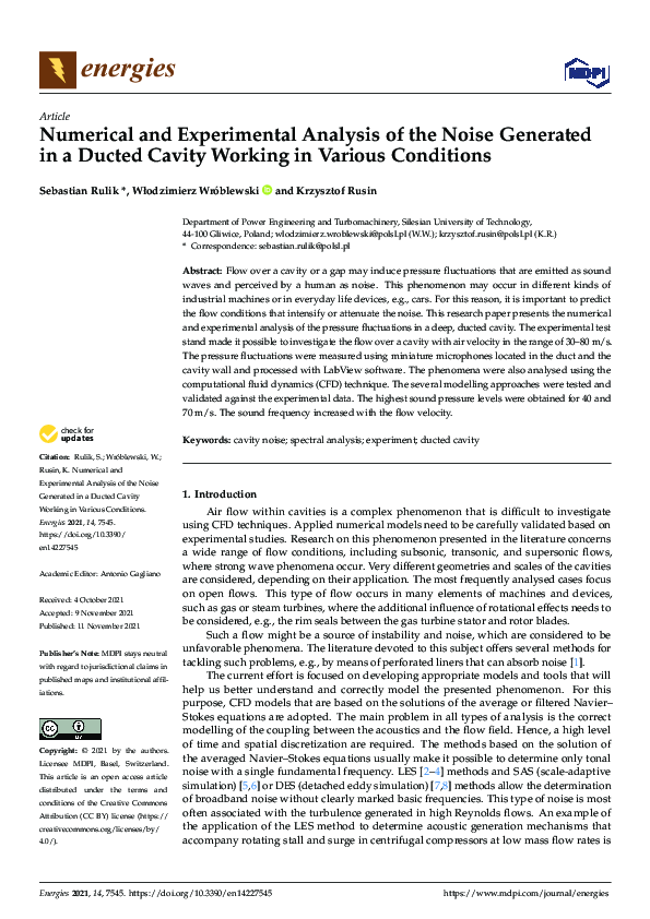 (PDF) Numerical and Experimental Analysis of the Noise Generated in a Ducted Cavity Working in ...