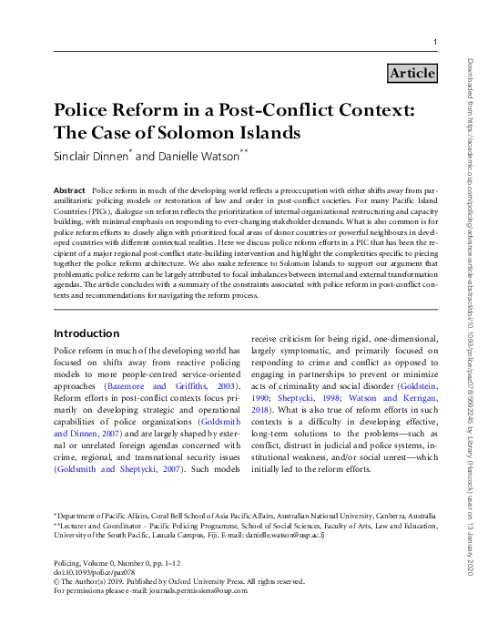 (PDF) Police Reform in a Post-Conflict Context: The Case of Solomon Islands