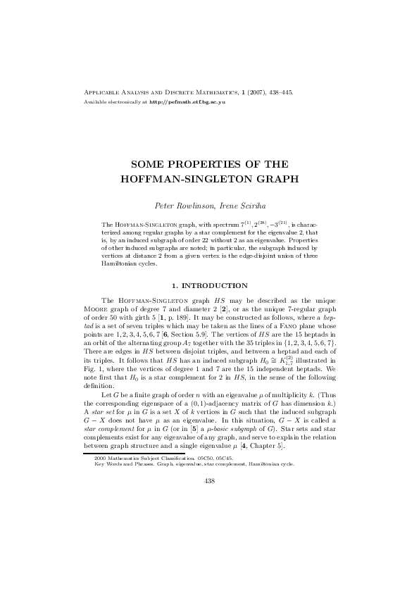 (PDF) Some properties of the Hoffman-Singleton graph