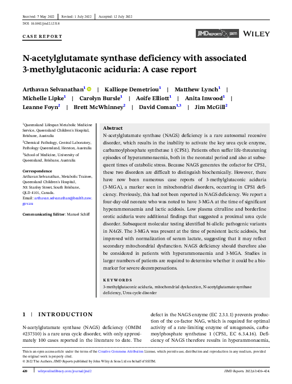 (PDF) N‐acetylglutamate synthase deficiency with associated 3 ...