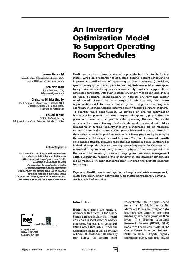 (PDF) An Inventory Optimization Model To Support Operating Room Schedules