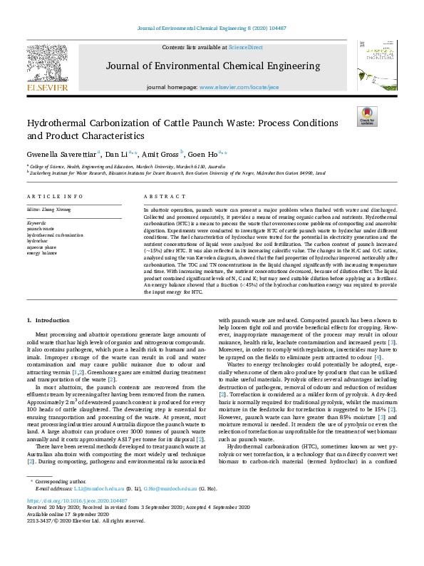 (PDF) Hydrothermal Carbonization of Cattle Paunch Waste: Process ...