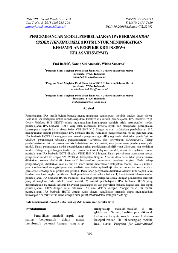 (PDF) PENGEMBANGAN MODUL PEMBELAJARAN IPA BERBASIS HIGH ORDER THINKING SKILL (HOTS) UNTUK ...