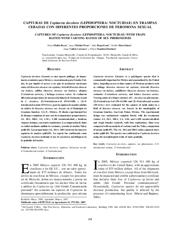 (PDF) Capturas de copitarsia decolora (lepidoptera: noctuidae) en ...