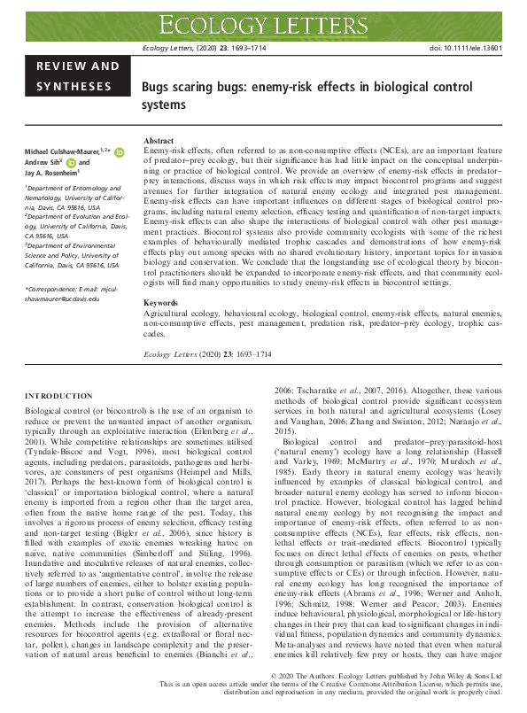 (PDF) Bugs scaring bugs: enemy-risk effects in biological control systems