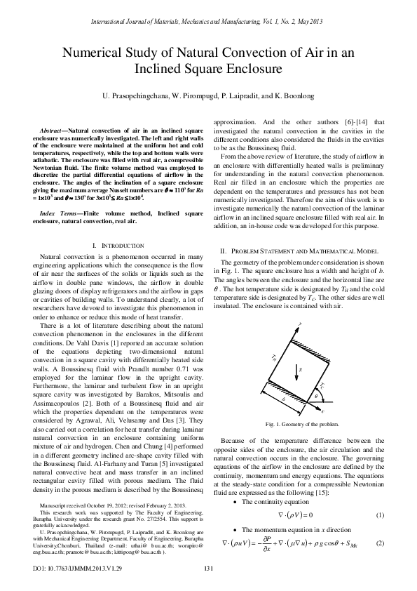 (PDF) Numerical Study of Natural Convection of Air in an Inclined Square Enclosure