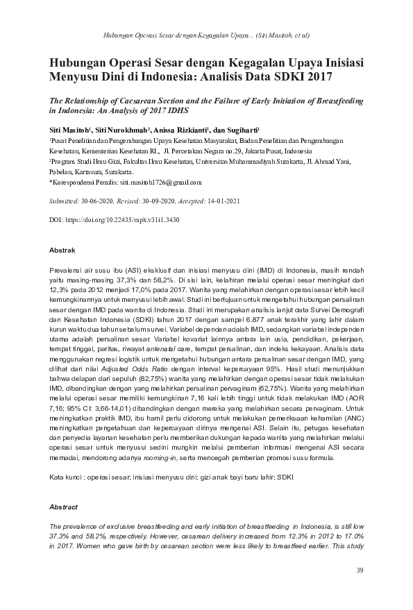 (PDF) Hubungan Operasi Sesar dengan Inisiasi Menyusu Dini di Indonesia ...