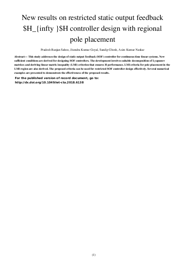Pdf New Results On Restricted Static Output Feedback Controller Design With Regional Pole