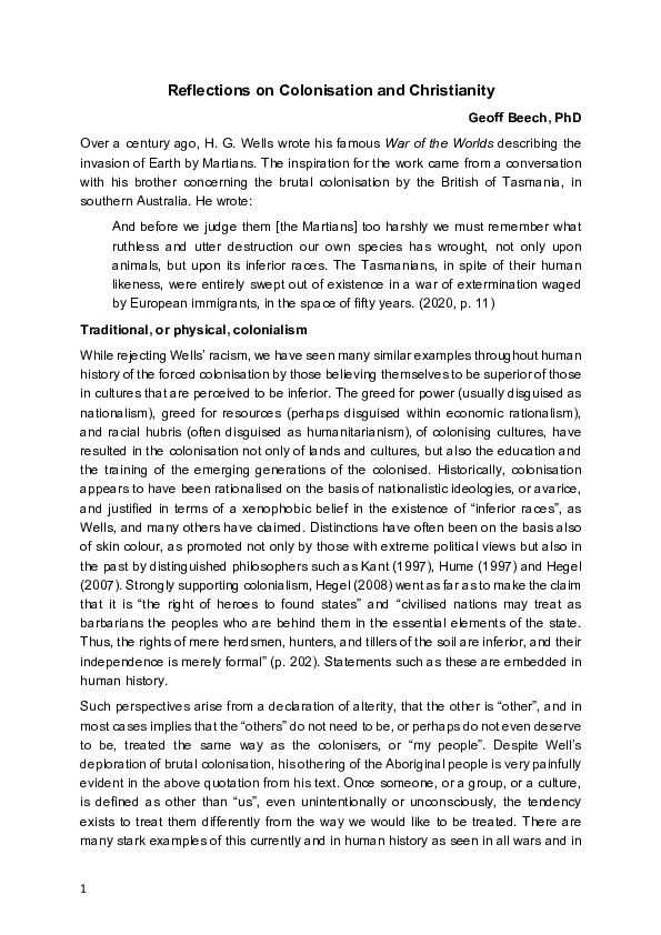 (PDF) Reflections on Colonisation and Christianity
