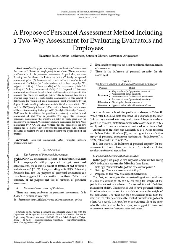 (PDF) A Propose Of Personnel Assessment Method Including A Two-Way ...