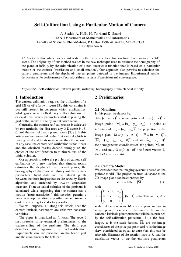 (PDF) Self-calibration using a particular motion of camera | Hamid Tairi - Academia.edu