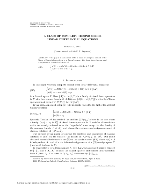 (PDF) A class of complete second order linear differential equations | Palle Jorgensen ...