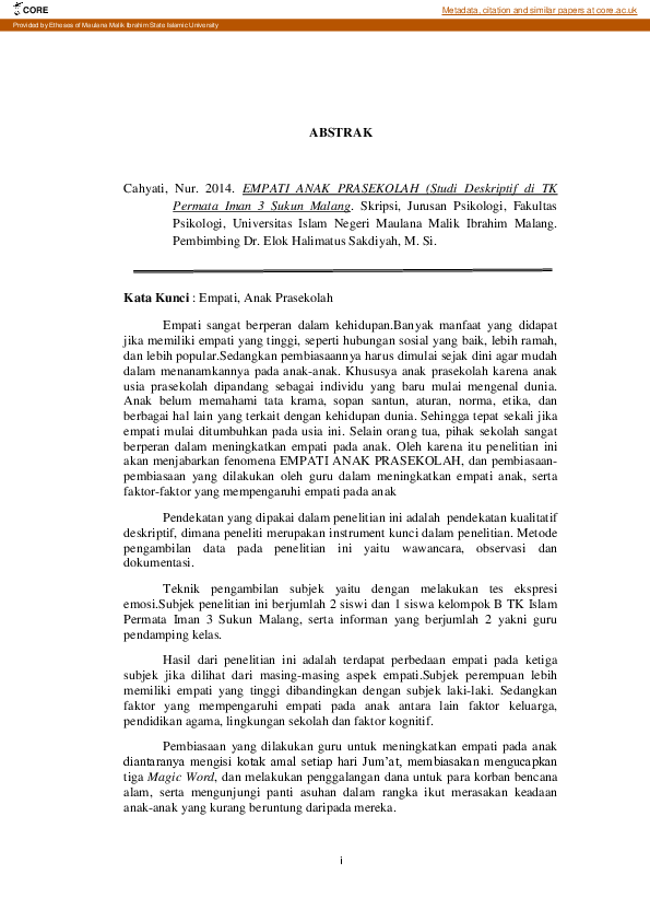 (PDF) Empati anak prasekolah: Studi deskriptif di TK Permata Iman 3 Sukun Malang