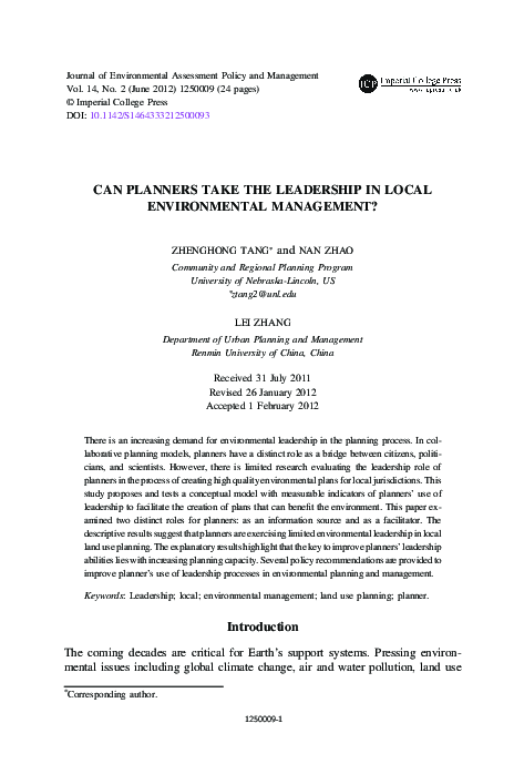 (PDF) CAN PLANNERS TAKE THE LEADERSHIP IN LOCAL ENVIRONMENTAL MANAGEMENT