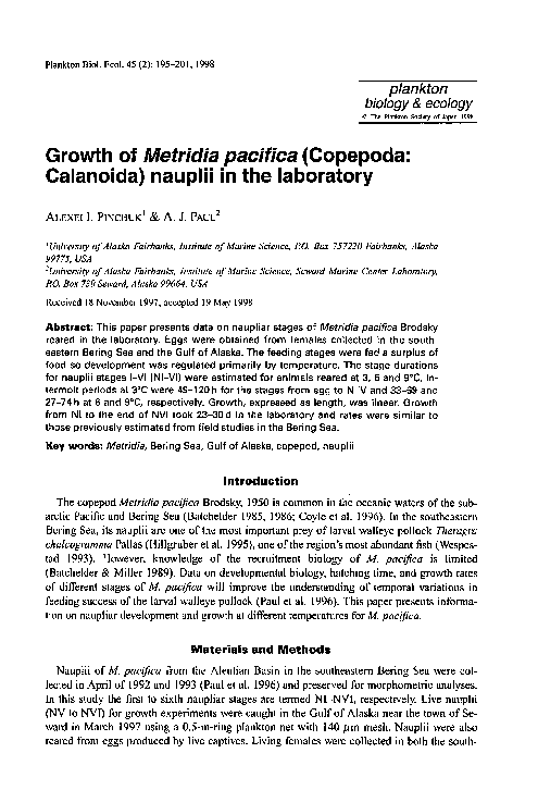 (PDF) Growth of Metridia pacifica (Copepoda: Calanoida) nauplii in the ...