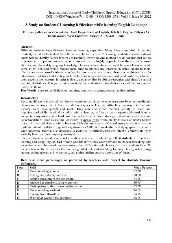 (PDF) A Study on Students' Learning Difficulties while learning English ...