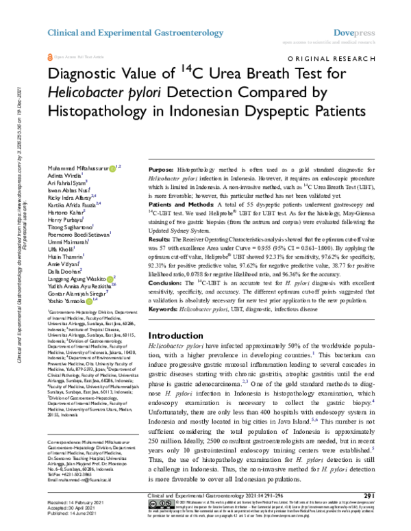 (PDF) Diagnostic Value of 14C Urea Breath Test for Helicobacter pylori ...